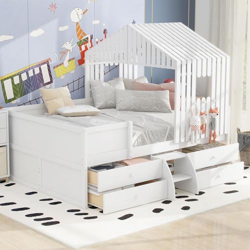 DRELOFT Full Size Low Loft Bed, Wooden House Shaped Loft Bed Frame with 4 Storage Drawers for Kids Teens Boys Girls, Easy Assembly, No Box Spring Needed, White