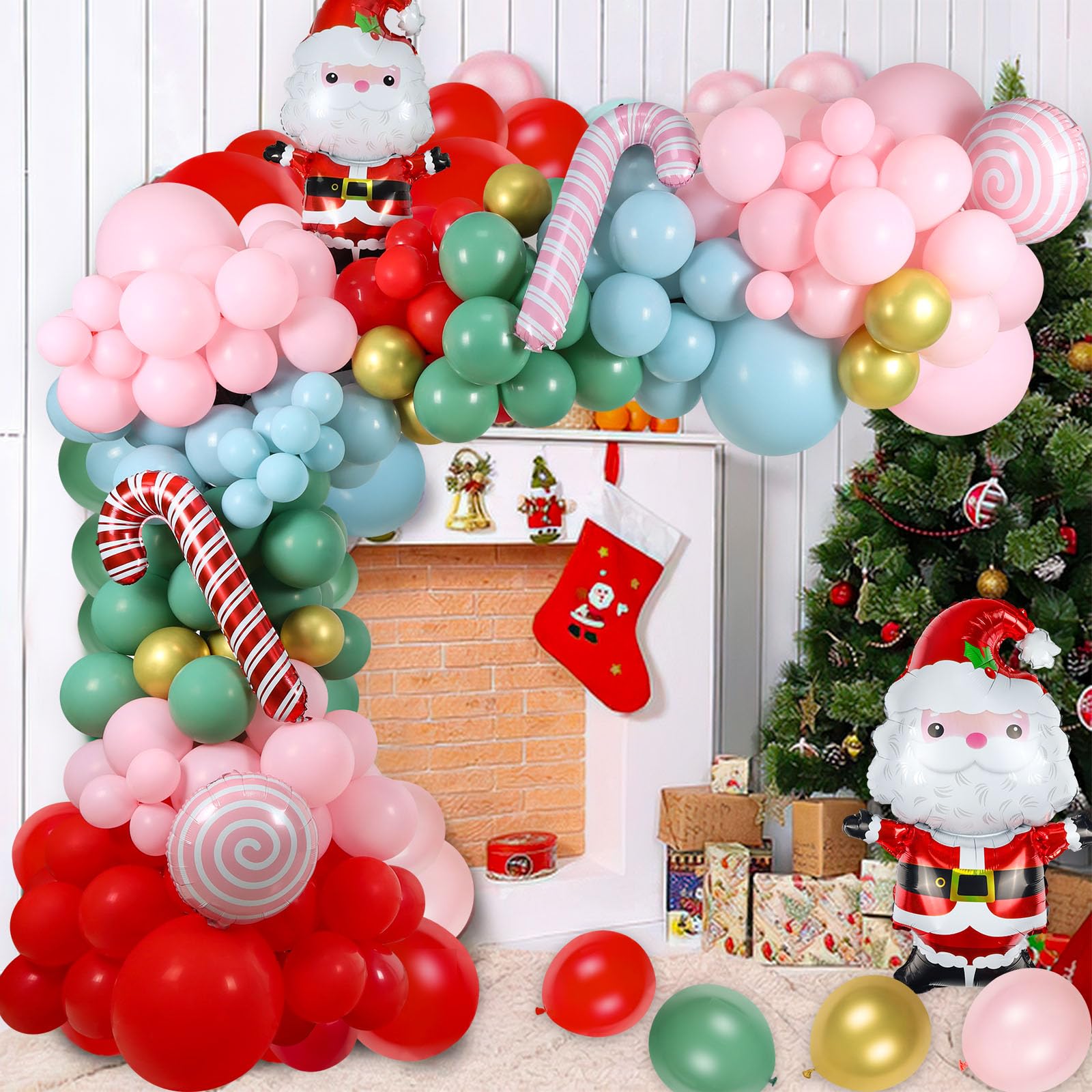 Christmas Balloon Garland Arch Kit, 140Pcs Christmas Balloons with Cane Candy Foil Balloons for Christmas Party Decorations Xmas New Year Birthday Party Supplies