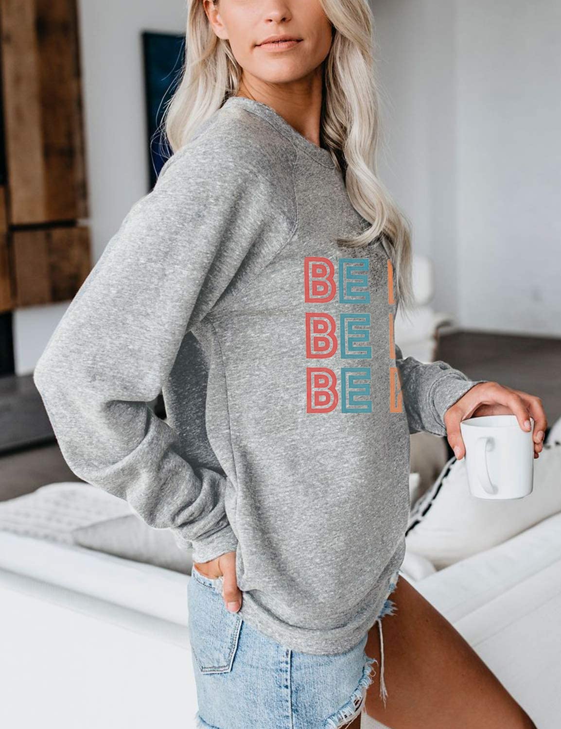 Blooming Jelly Womens Be Kind Sweatshirt Crewneck Loose Fit Cute Long Sleeve Tops Ladies Fall Clothes Winter Teacher Outfits (Medium, Grey)