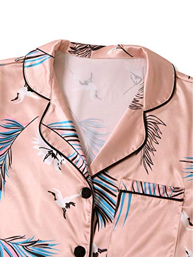 LYANER Women's Pajamas Set 4pcs Satin Silk Cami Top Button Down Loungewear Pjs Set Pink Small