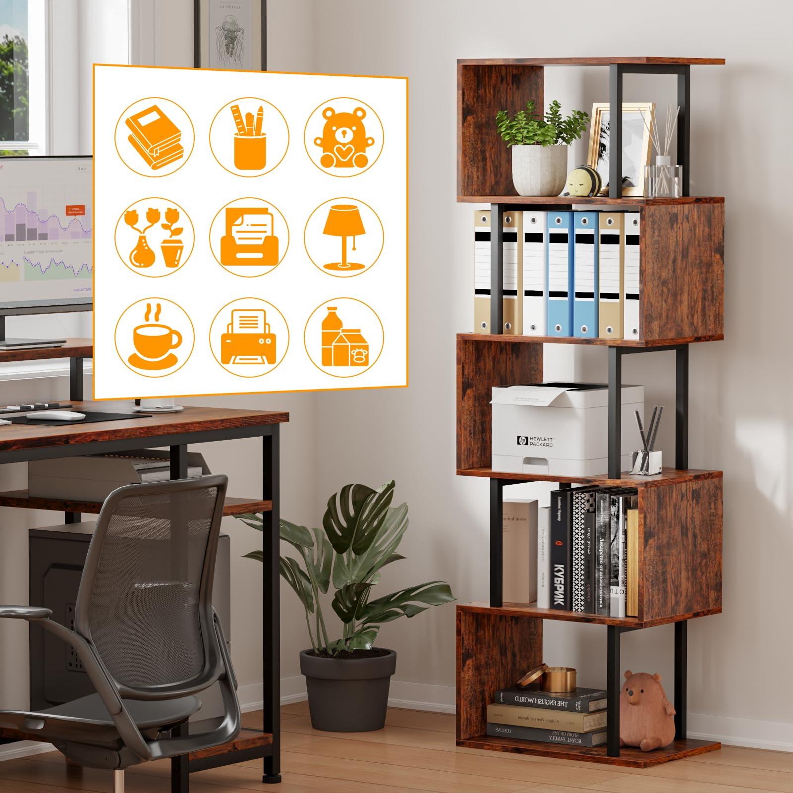 Furologee 6-Tier Bookshelf, Tall S-Shaped Geometric Bookcase, Industrial Freestanding Display Shelf Unit, Wood and Metal Decorative Room Divider for Living Room Bedroom, Home Office, Rustic Brown