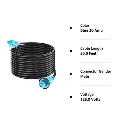 CircleCord 30 Amp 50 Feet RV Power Cord Twist Locking, Heavy Duty 10 Gauge 3 Wire STW Pure Copper Wire with Grip Handle, TT-30P to L5-30R with Cord Organizer for RV Trailer Campers