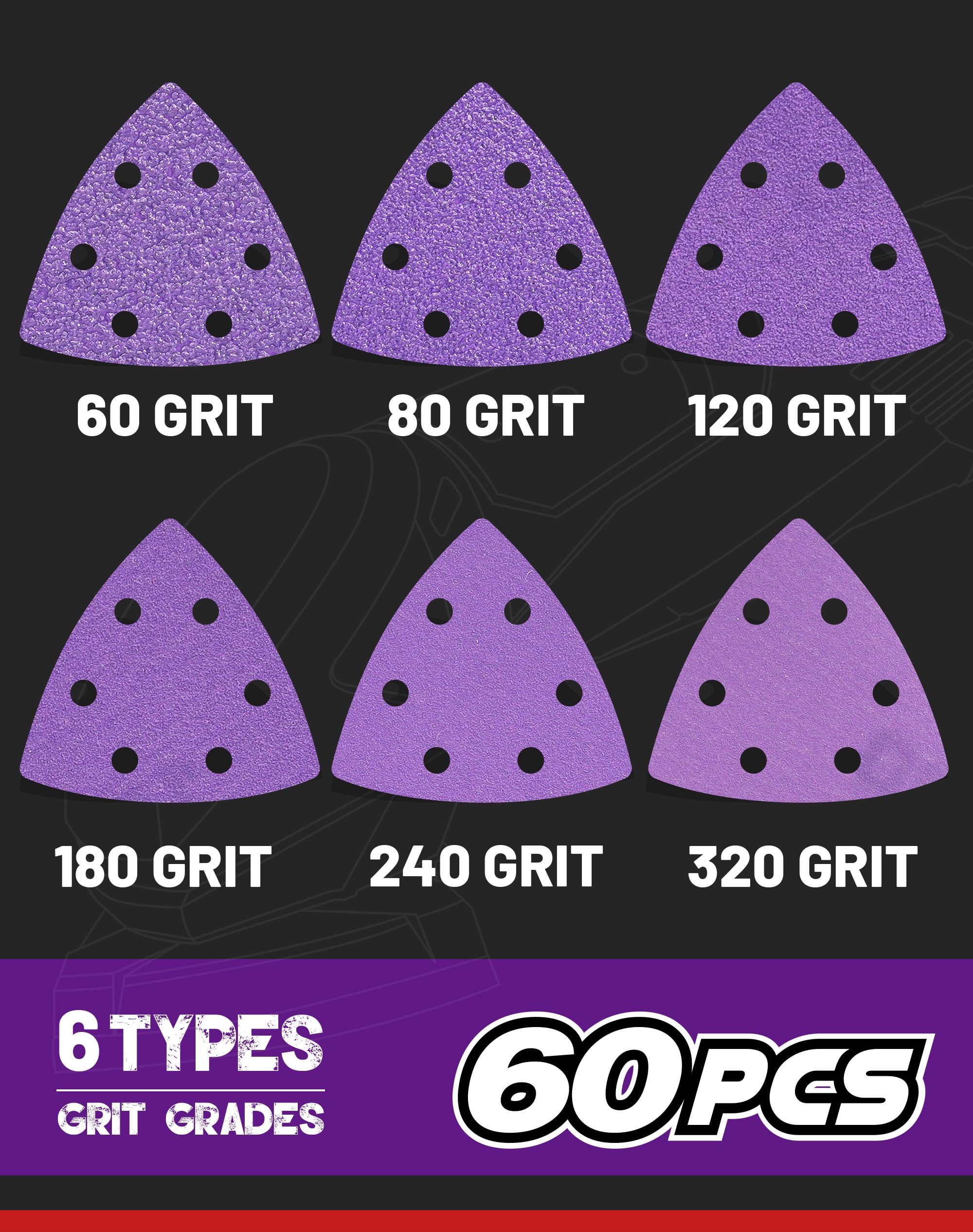EZARC 60 PCS Zirconia Triangle Sanding Pads, 3-3/4 Inch Hook & Loop 60/80/120/180/ 240/320 Grit Multitool Sandpaper, Fits 3-1/2" and 3-3/4" Oscillating Tool Sanding Pad for Polish Sanding