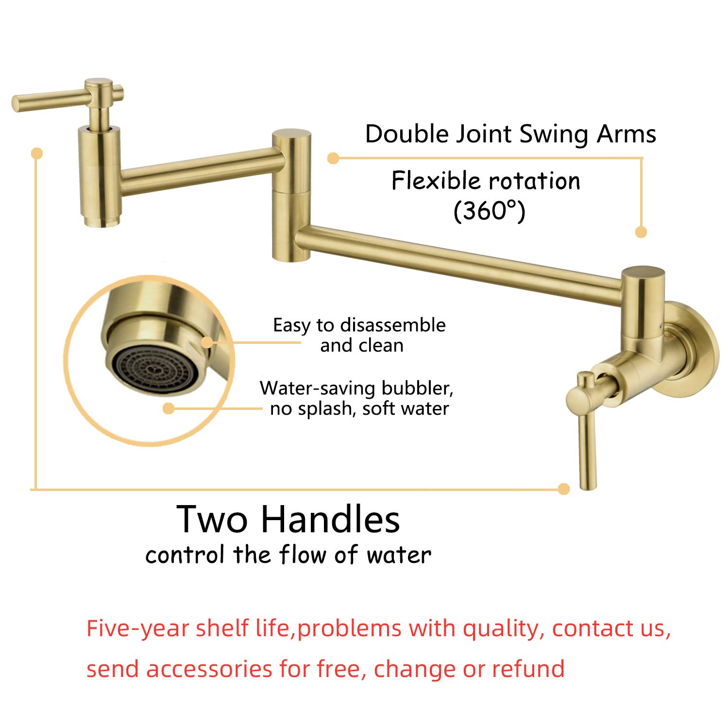 BZOOSIU Brushed Gold Pot Filler Faucet, Solid Brass Double Joint Swing Arms Folding Faucet, Single Hole Two Handles Wall Mount Kitchen Faucet