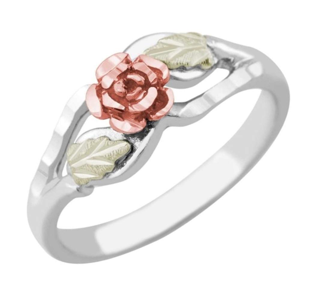 Blooms Rose Flower Diamond-Cut Ring, Sterling Silver, 12k Green and Rose Black Hills Gold Size 7