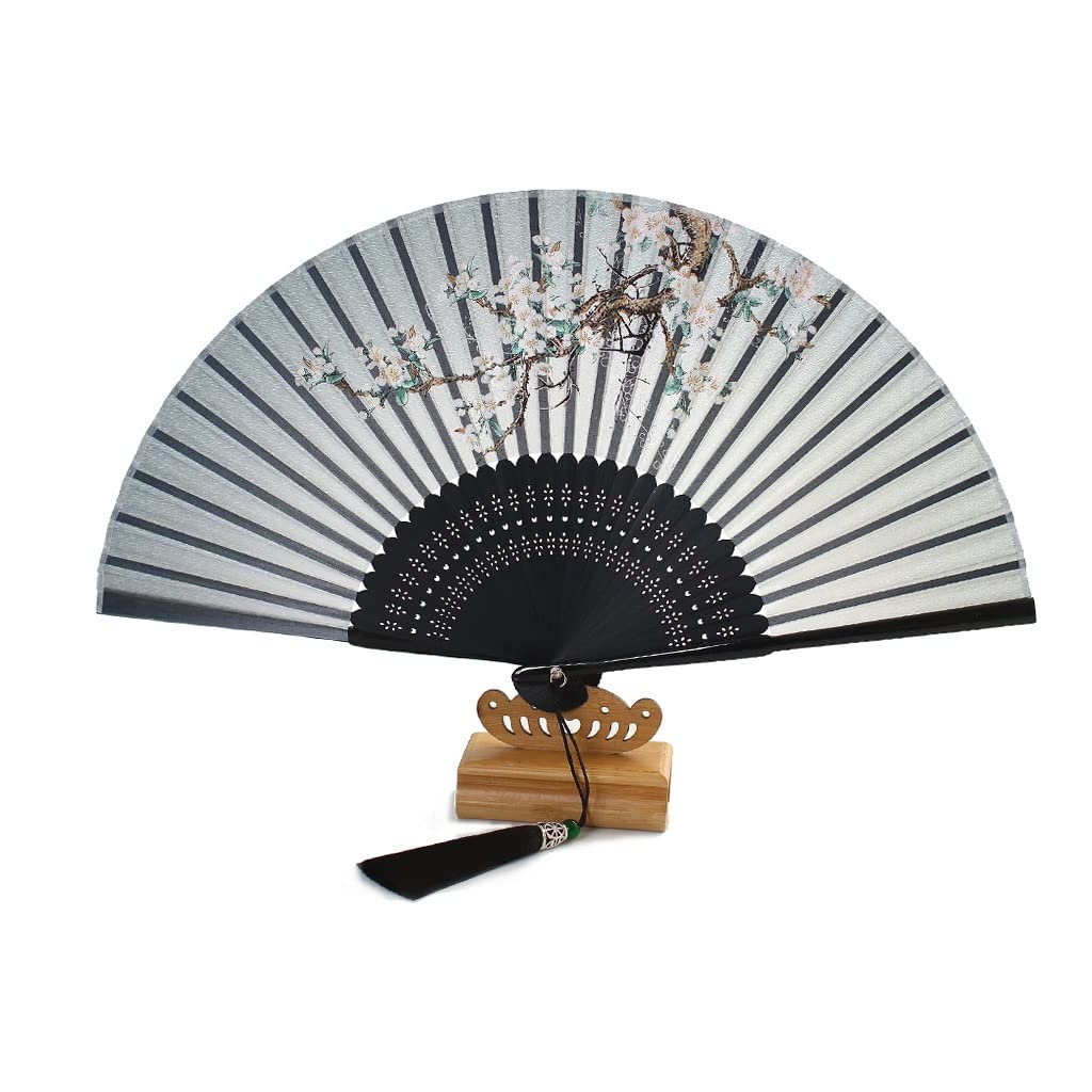 Chinese Style Black Folding Fan Men's and Women's Fan Silk Ancient Dance Fan Foldable Hand Painted Bamboo Fan with Fringe (Color : 02)