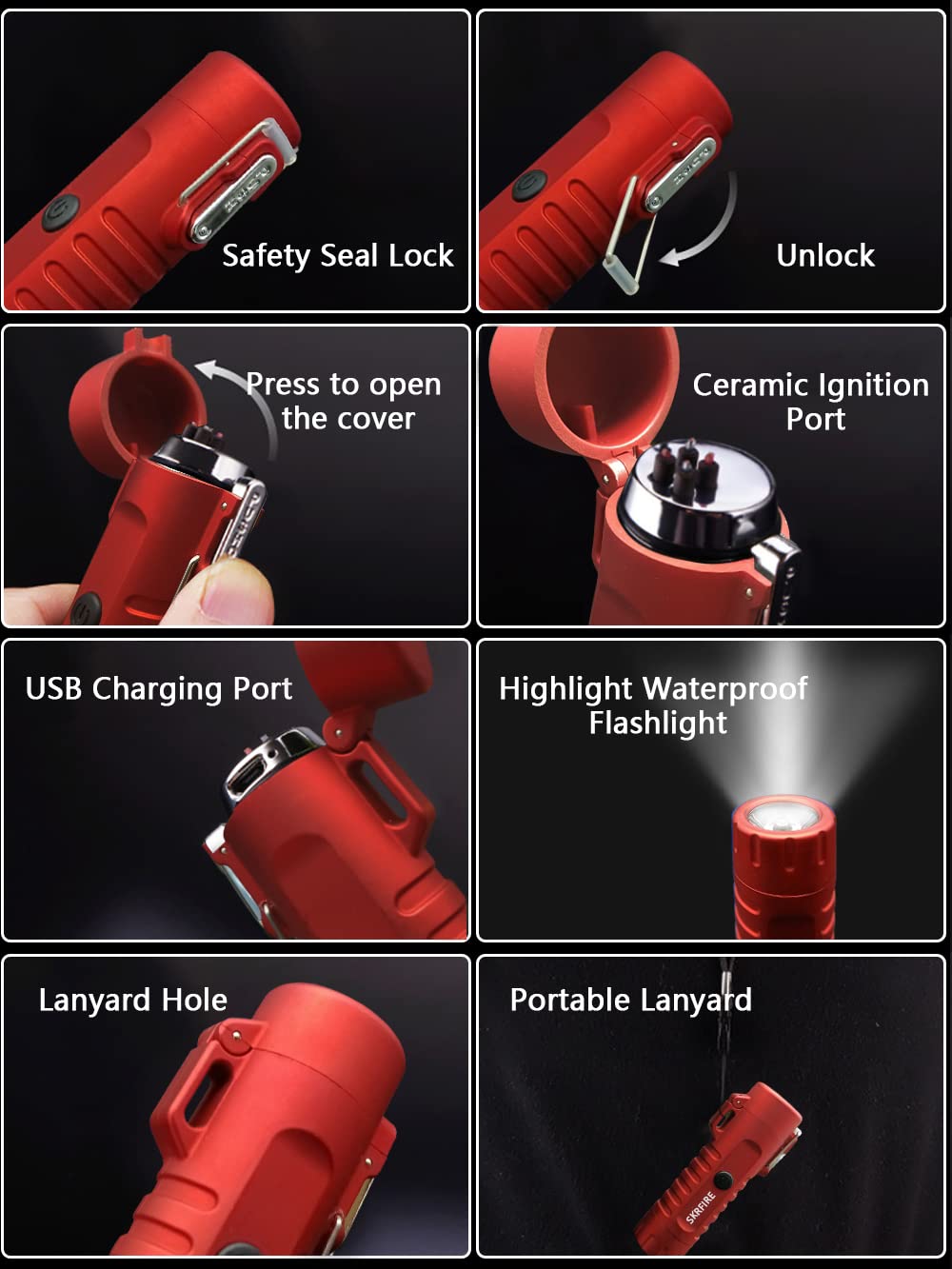 SKRFIRE Electric Outdoor Lighter Waterproof Plasma Lighter Windproof Arc Lighter Portable Fashion Lighter for Lighting Suitable for Emergency Survival Kit, Camping, Hiking (Red)
