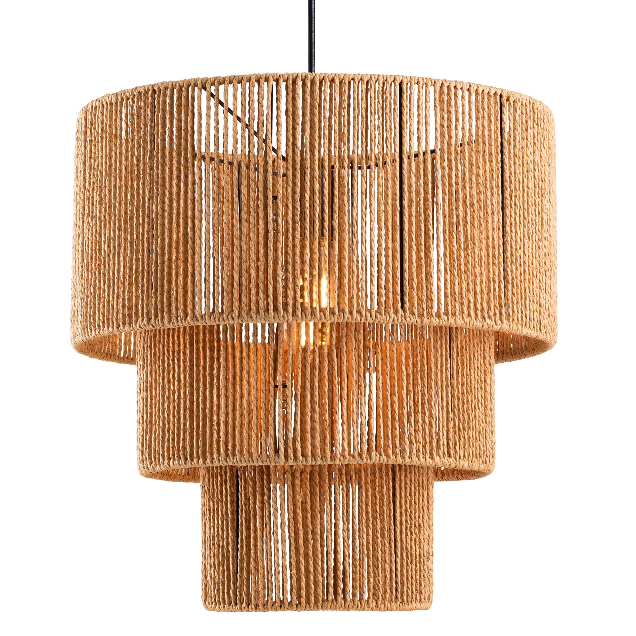 c cattleya 3-Tiered Large Farmhouse Chandelier Lighting, Natural Paper Rope Hanging Pendant Lights, Hand-woven Ceiling Light Fixture Chandeliers for Kitchen Dining Room Bedroom Hallway Entryway