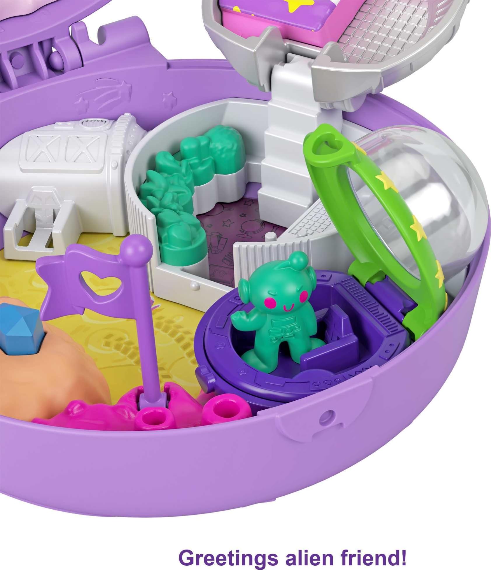 Polly Pocket Playset with 2 Micro Dolls, Toy Car & Surprise Accessories, Saturn Space Explorer Compact for Travel