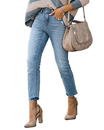 Lesore Womens High Waist Washed Raw Hem Boyfriend Ripped Distressed Destroyed Straight Leg Cropped Jeans Denim Pants Pockets Blue 29