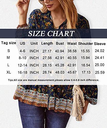 KAYWIDE Women's Casual Boho V Neck Top Loose Floral Printed Long Sleeve Beach Shirts Blouses (036-Blue, Large)