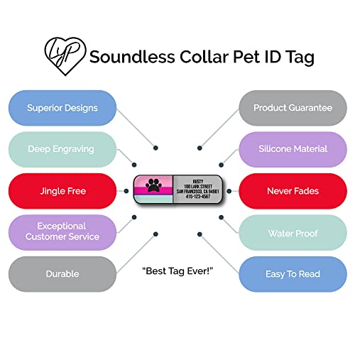 LYP Soundless Slide-On Collar Dog ID Tag - Designer Deep Engraved Silicone β Engraving Will Last - Pet ID Tags, Dog Tags, Cat Tags (Paw - Hot Pink, Medium)