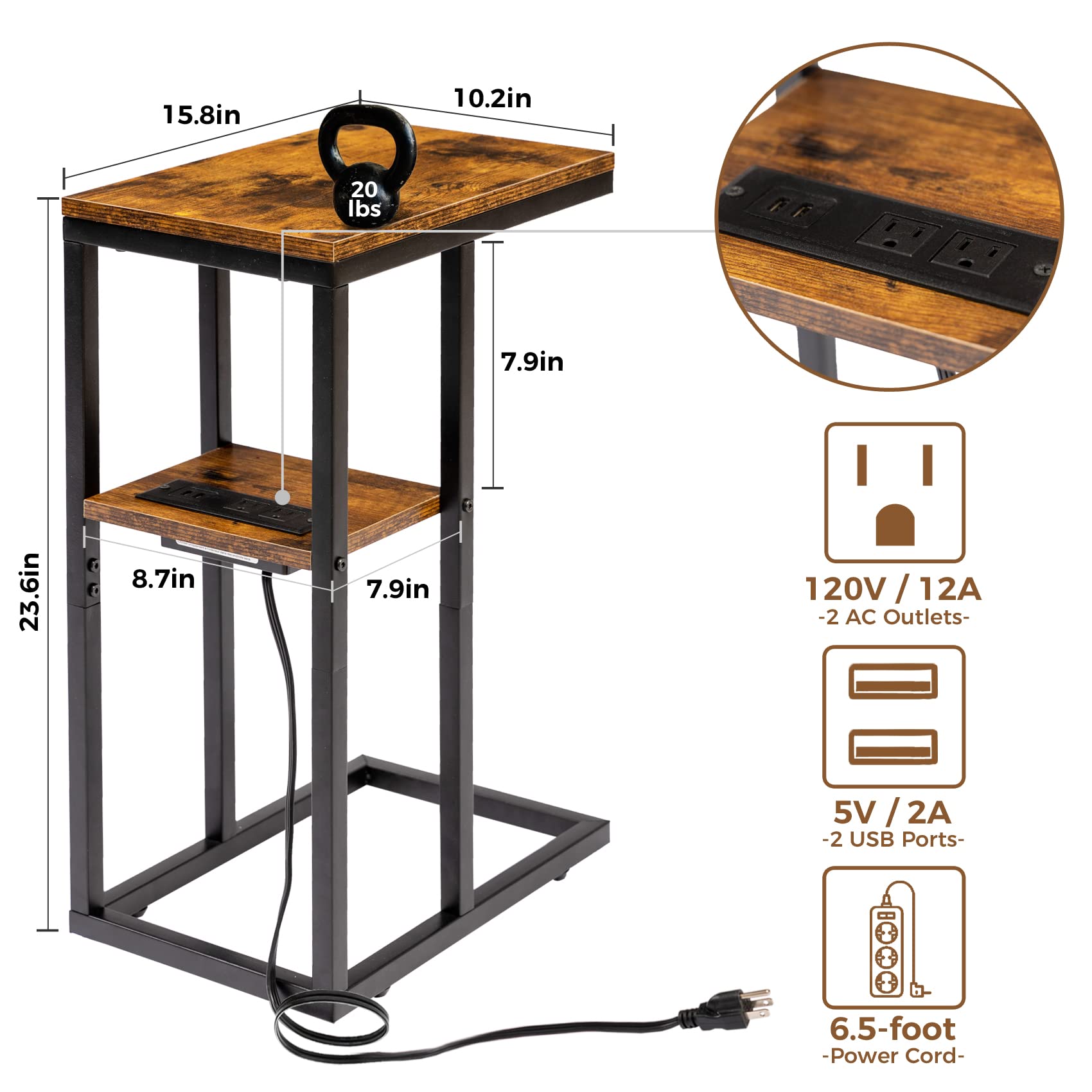 C Shaped Side Table With Charging Station End Tables With Usb Ports And Outlets Slim Skinny Narrow End Tables For Small Spaces Bedside Tables Couch Tables That Slide Under Sofa Tables For Bed Tray Tv