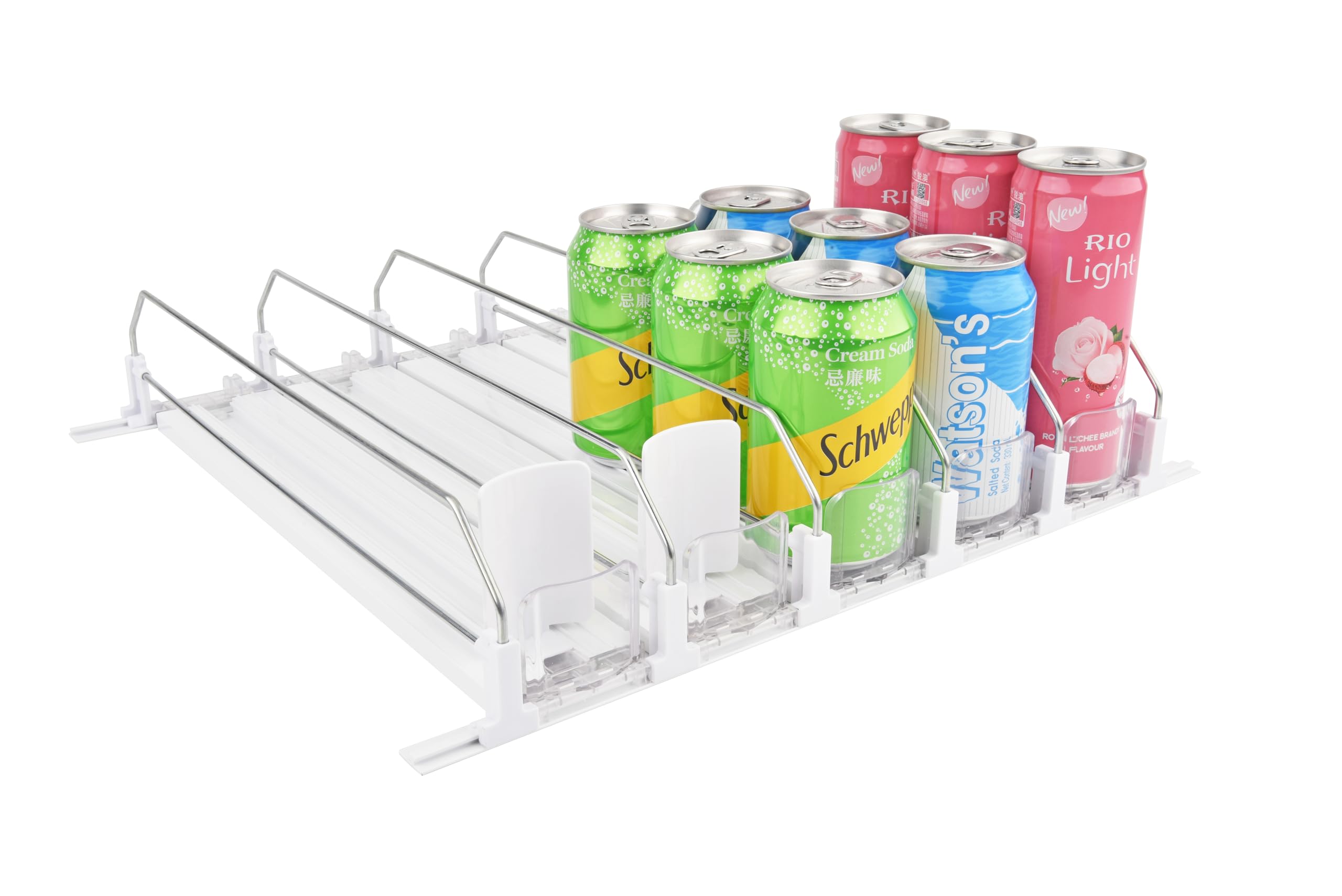 Drink Dispenser for Fridge, Self-Pushing Soda Can Organizer for Refrigerator, Width Adjustable Beverage Pusher Glide, Beer Pop Can Water Bottle Storage for Pantry, Kitchen - 5 Row (White, 380-5)