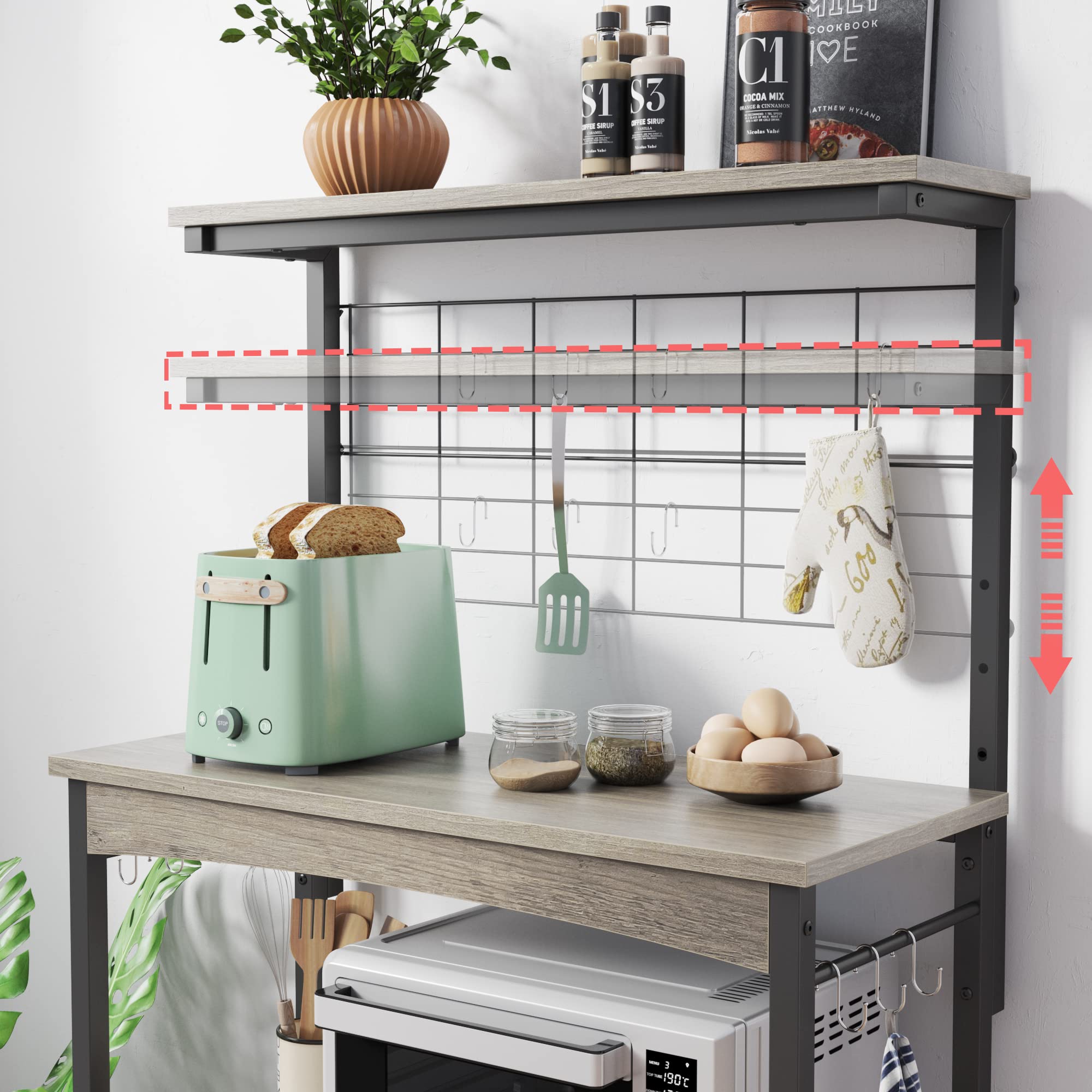Bestier Microwave Stand with Storage Cabinet, Height-Adjustable Bakers Racks for Kitchen with Wheels & Feet, Industrial Rolling Coffee Bar Shelf with 10 S-Hooks Grey Wash