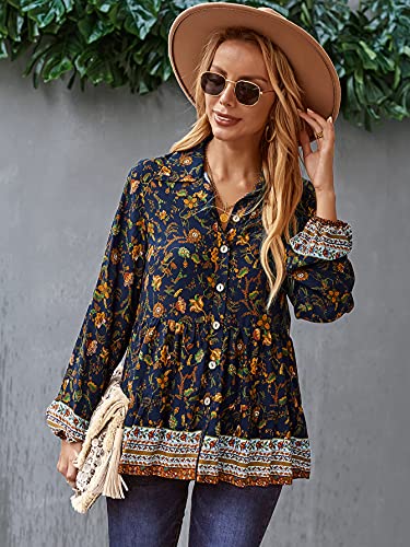 KAYWIDE Women's Casual Boho V Neck Top Loose Floral Printed Long Sleeve Beach Shirts Blouses (036-Blue, Large)