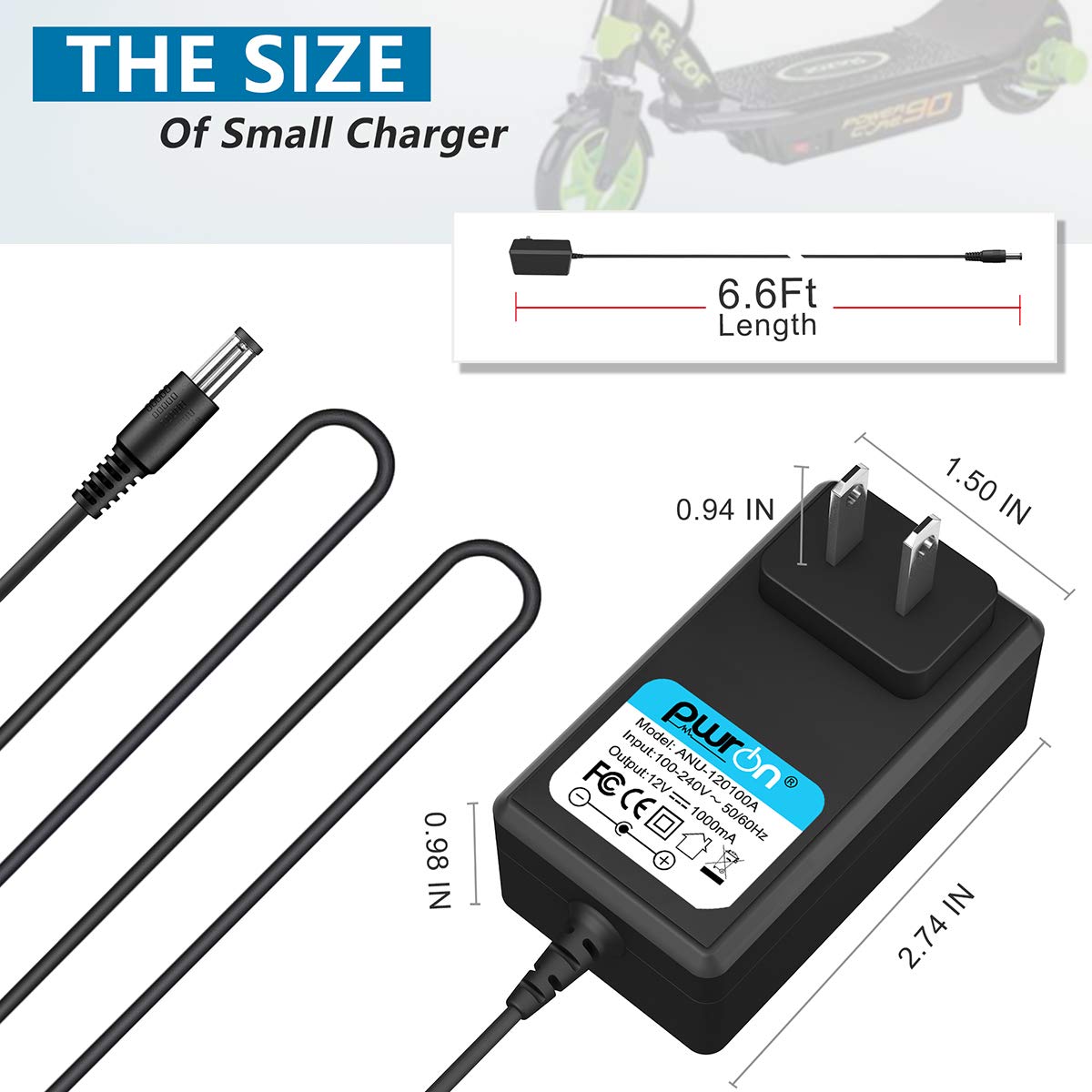 PwrON 12V 1A AC DC Adapter Compatible with for Razor Power Core E90, ePunk, XLR8R, Electric Scream Machine, Kids Ride On Toys, Electric Scooter Power Supply Adapter - 6.6FT Cable