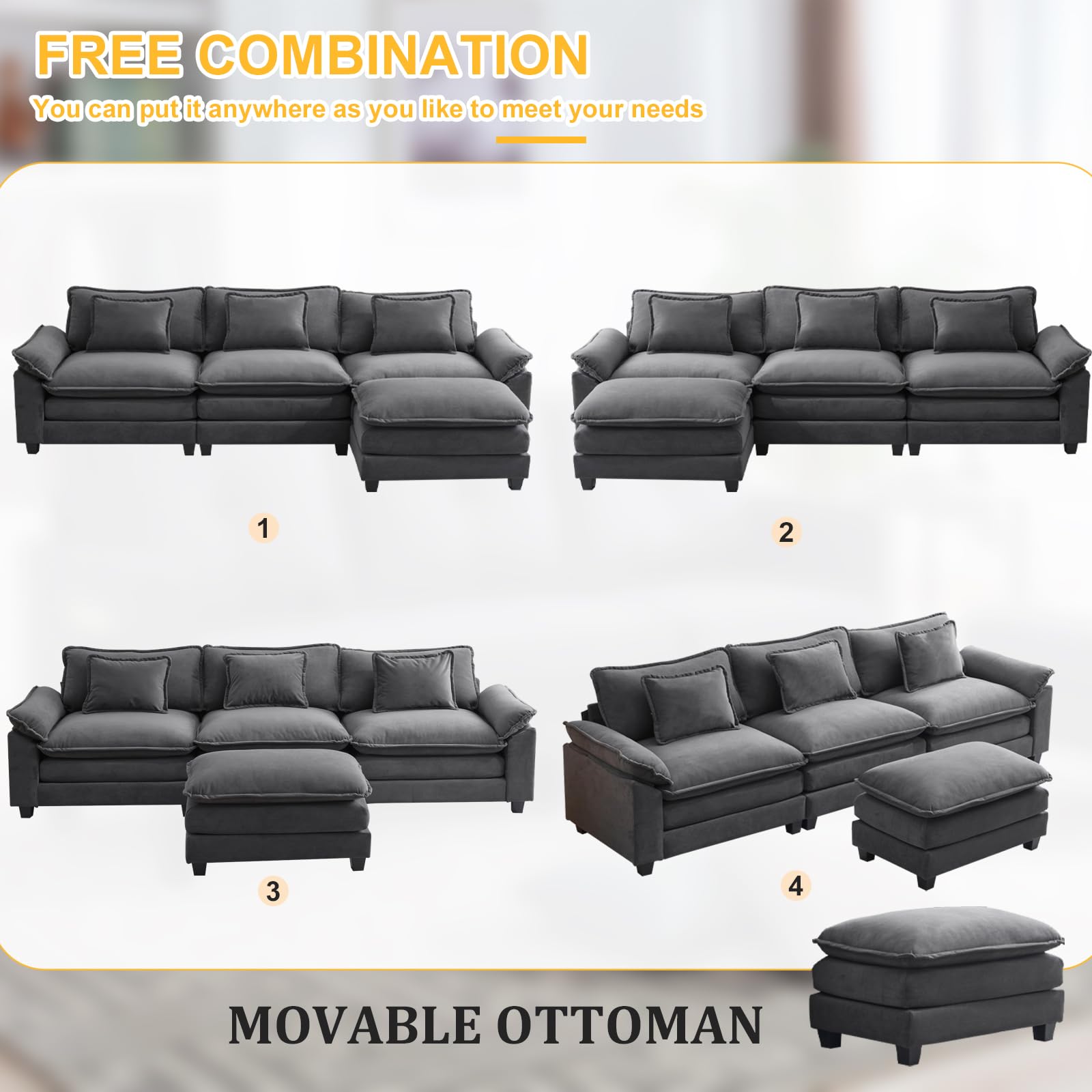 DRMBOOK 120" Modern Deep Cloud Couch Sectional with Ottoman, Velvet Sleeper Sofa Comfy Upholstered Couches for Living Room/Bedroom/Apartment/Office, Pillows Includes (Dark Grey)