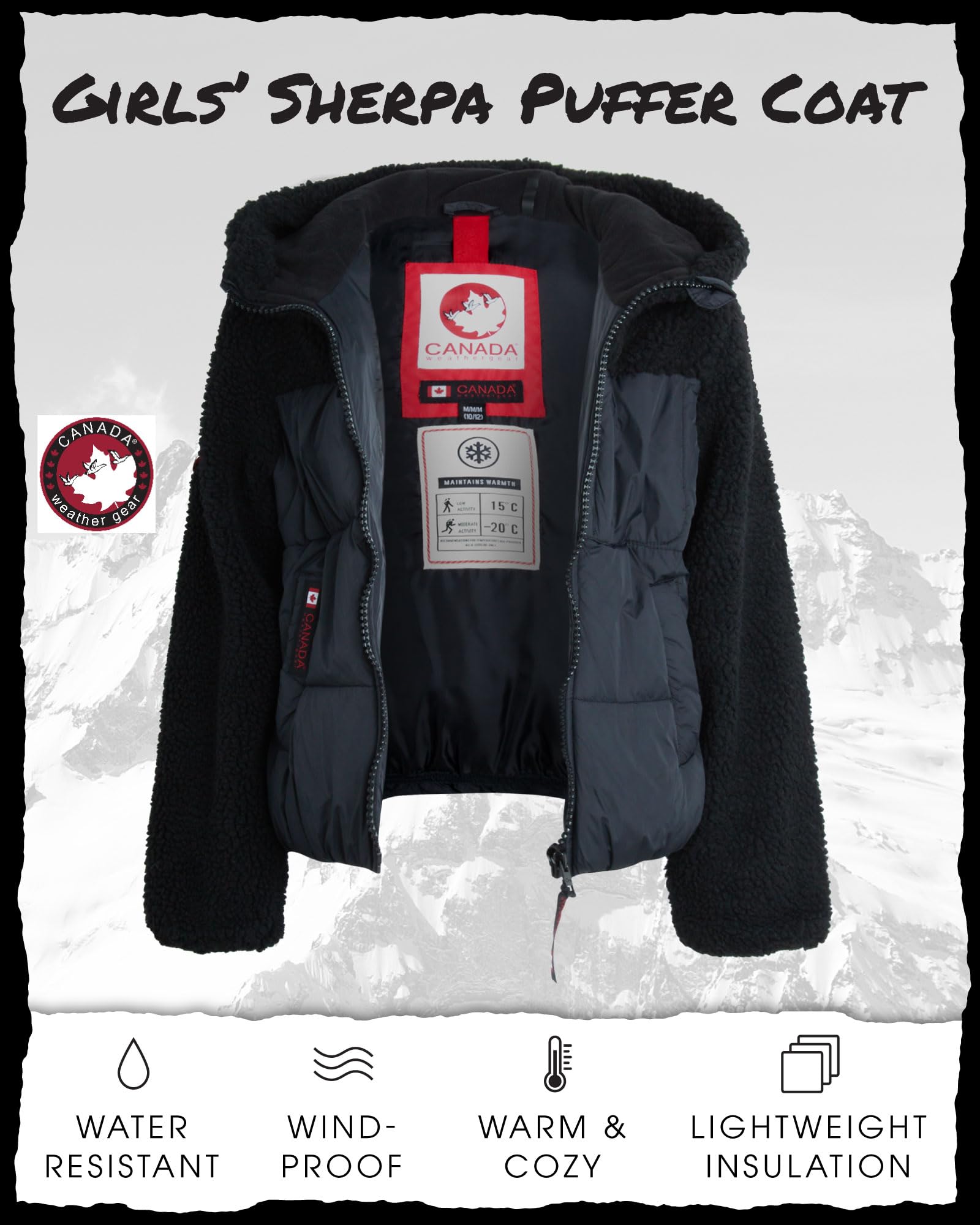 CANADA WEATHER GEAR Girls' Jacket - Sherpa Lined Puffer Coat with Hood (Size: 4-16), Size 7-8, Black