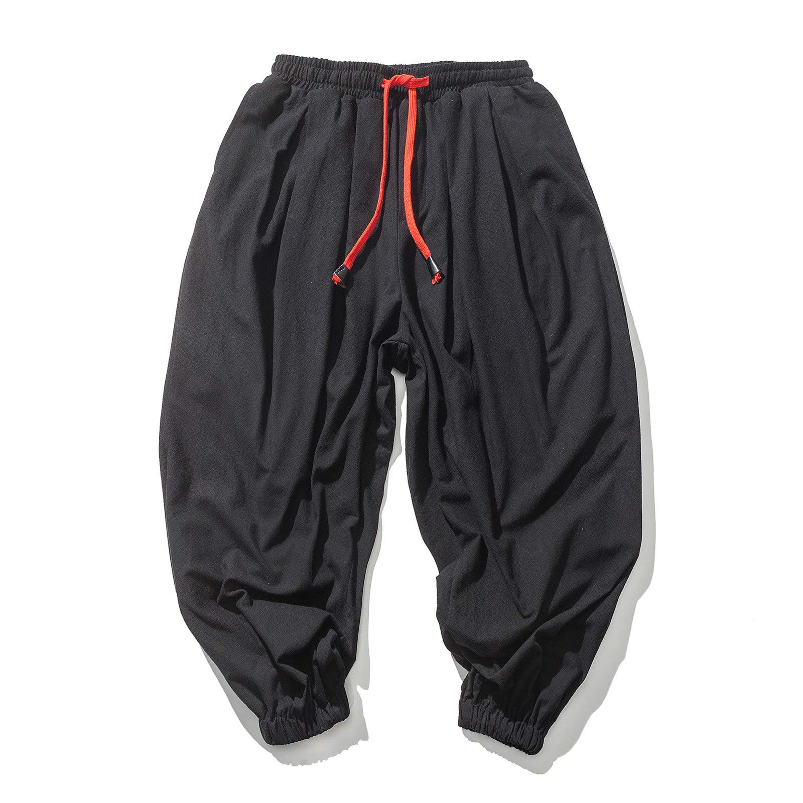 Casual Baggy Harem Pants for Men Trendy Oversized Drawstring Cotton Linen Boho Yoga Pants with Pockets Joggers Sweatpants Black