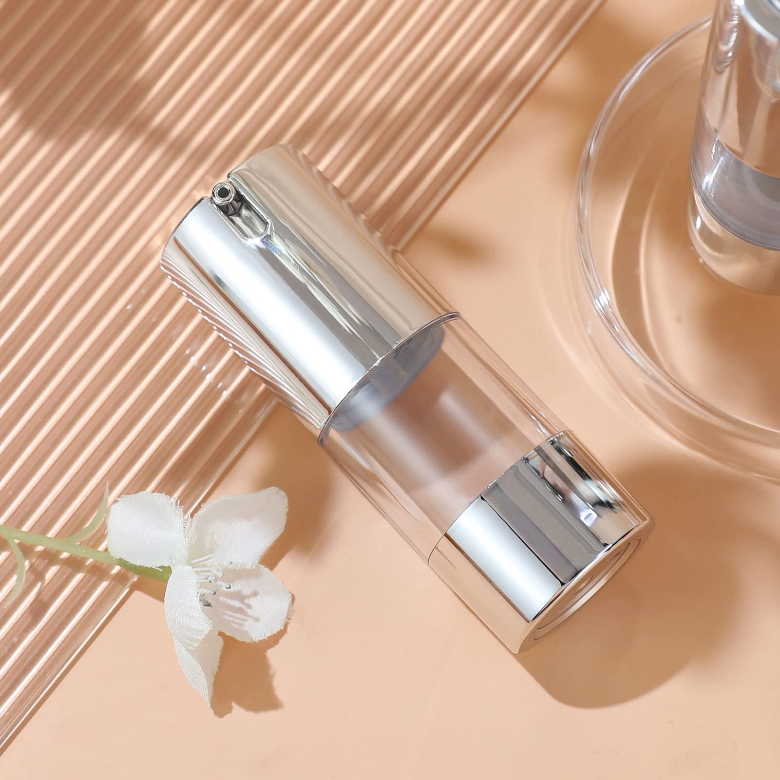 longway 15ml Airless Pump Bottle Silver Airless Cosmetic Cream Pump Bottle Travel Size Dispenser Refillable Containers(0.5oz,Pack of 6 )