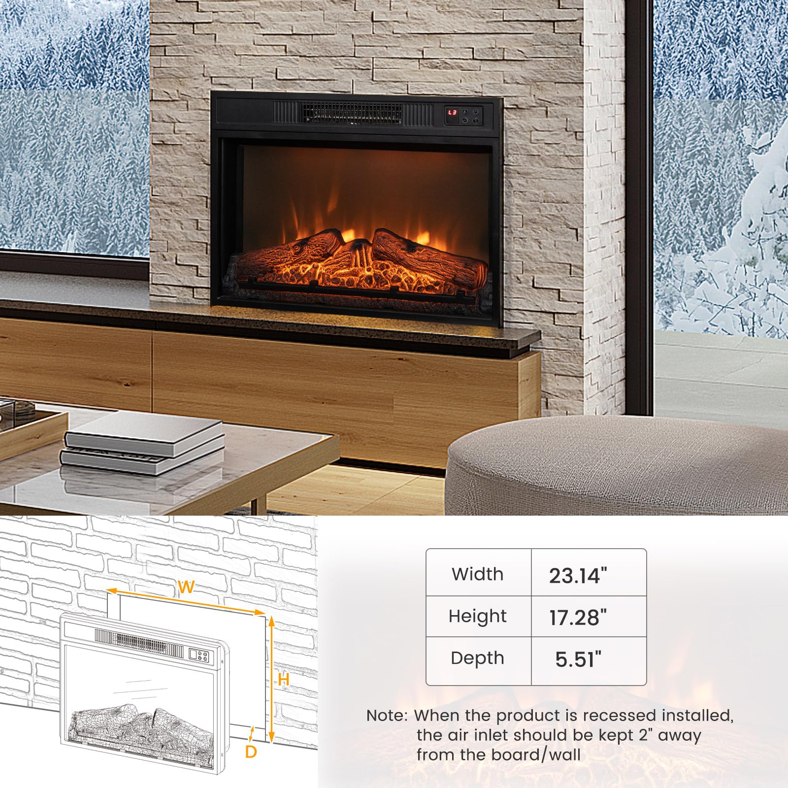 COSTWAY Electric Fireplace Insert 23-inch Wide, 1400W Recessed Fireplace Heater with Remote Control, 3 LED Flame Effects, 6H Timer, Electric Fireplace for Bedroom Home Office Indoor Use, Black