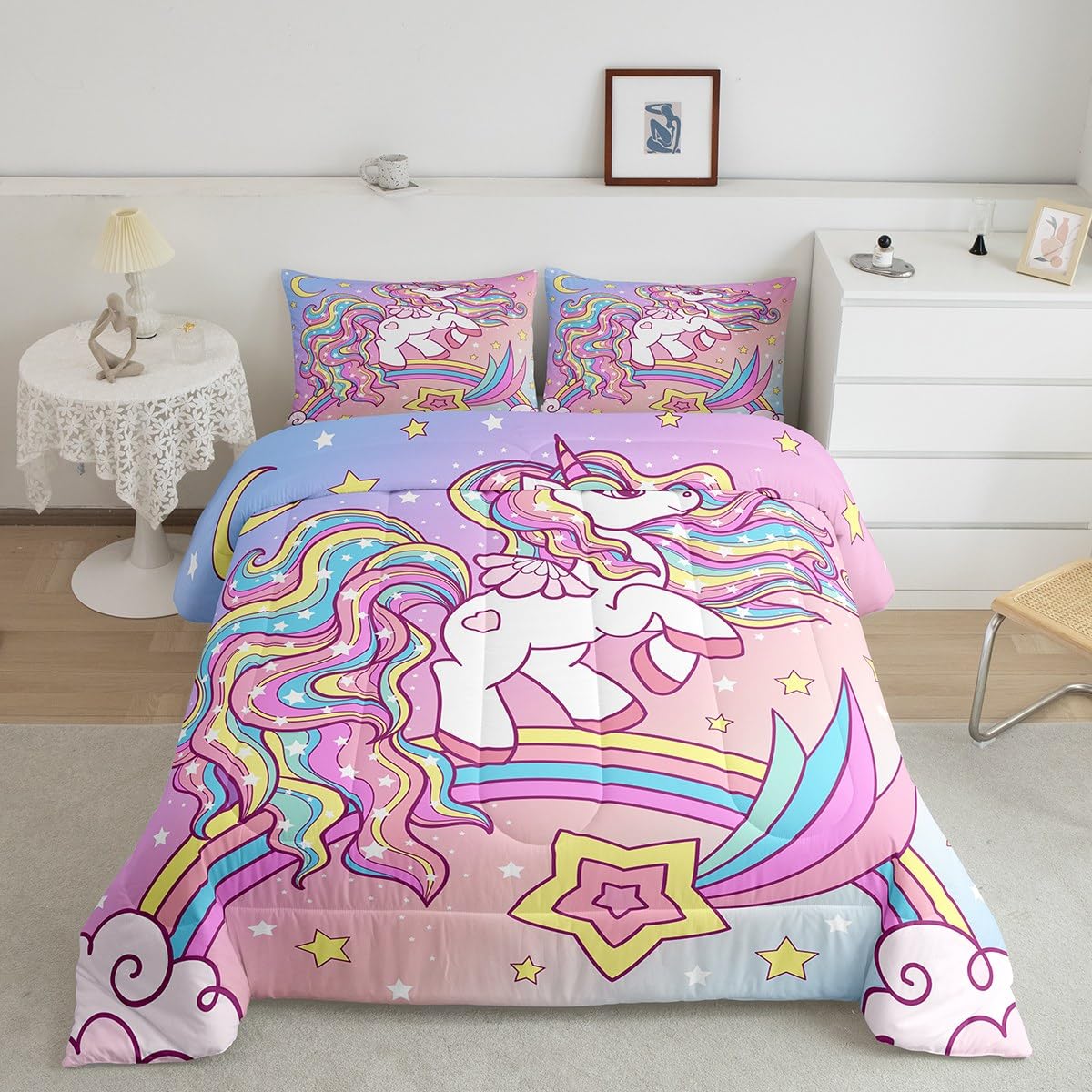 Feelyou Unicorn Bedding Set for Kids Girls Unicorn Glitter Comforter Twin Size Star Rainbow Comforter Set Cute Unicorn Quilt Set 2Pcs