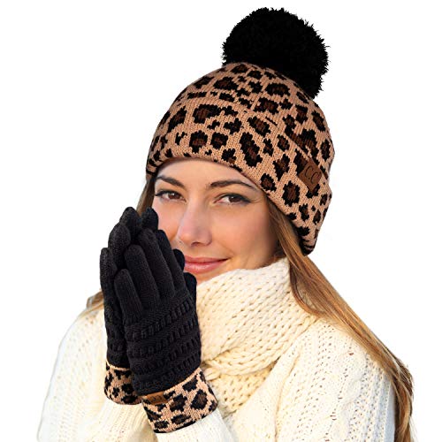 C.C Exclusives Cable Knit Beanie - Thick, Soft & Warm Chunky Beanie Hat with Glove Gift Set for Women (HATG-80) (0 Gift Set-Leopard)