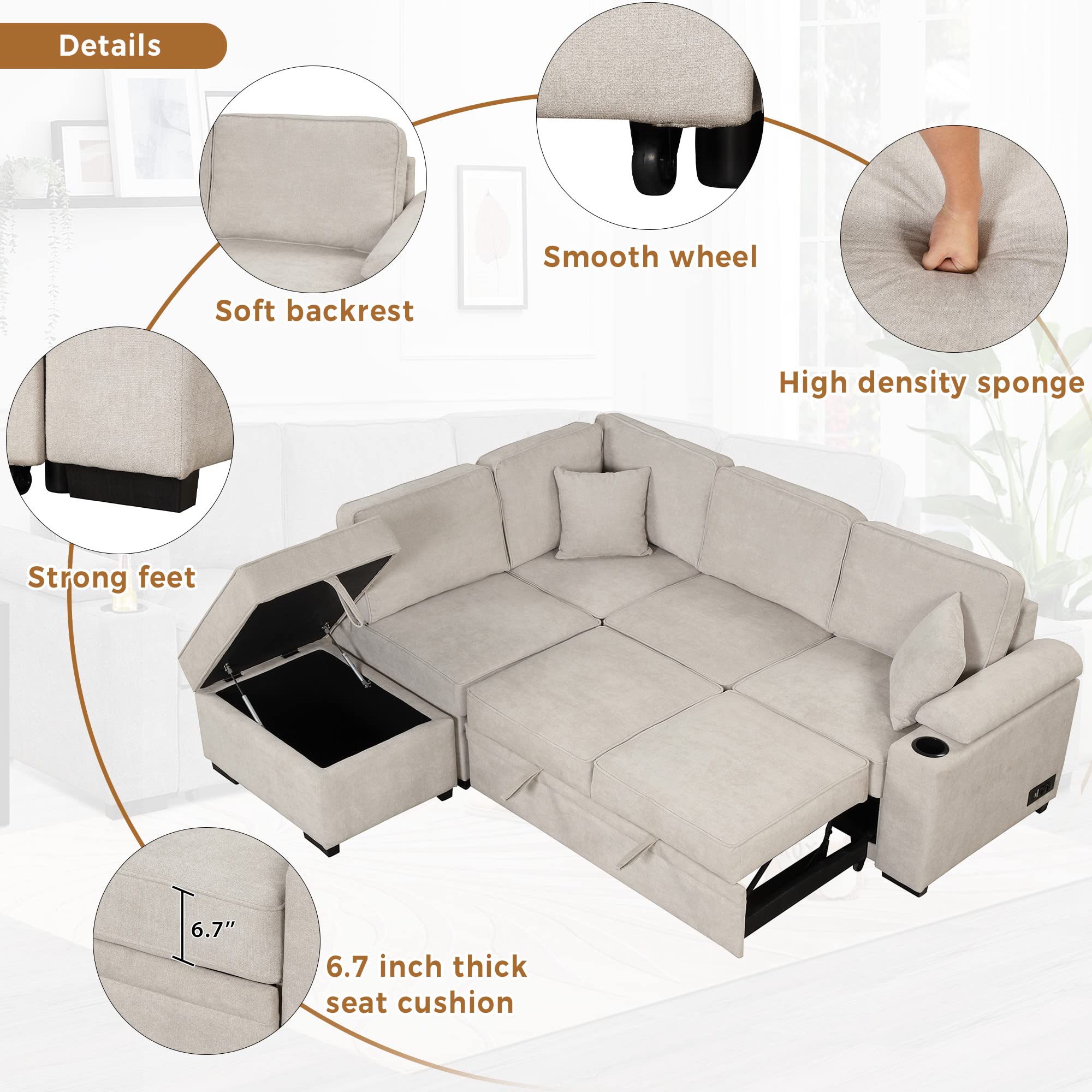 Harper & Bright Designs 87.4" Sleeper Sofa Bed, 2 in 1 Pull Out Sofa Bed L-Shape Couch with Storage Ottoman for Living Room, Bedroom and Small Apartment, Beige