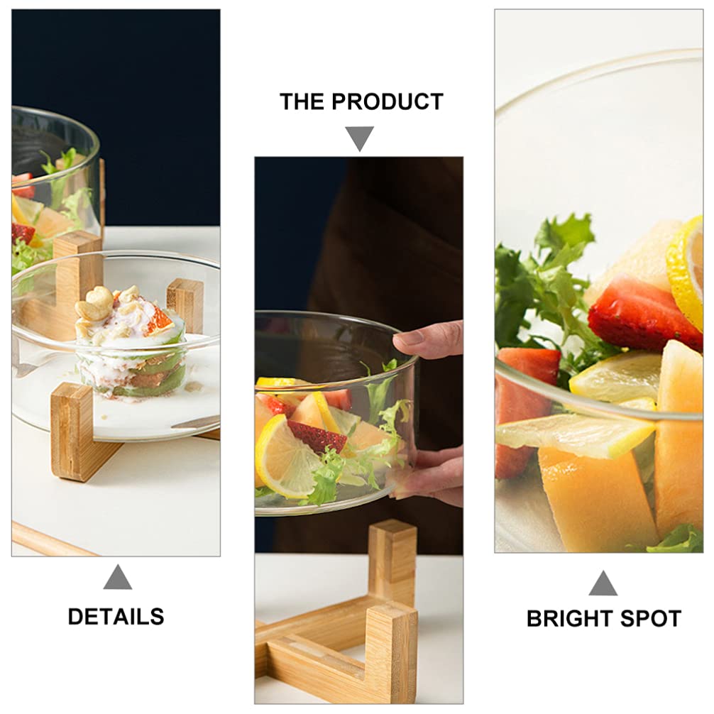 DOITOOL Creative Glass Serving Bowls, Round Salad Container, Clear Salad Serving Bowl with Wood Stand for Pistachios, Edamame, Cherries, Nuts, Fruits, Candies