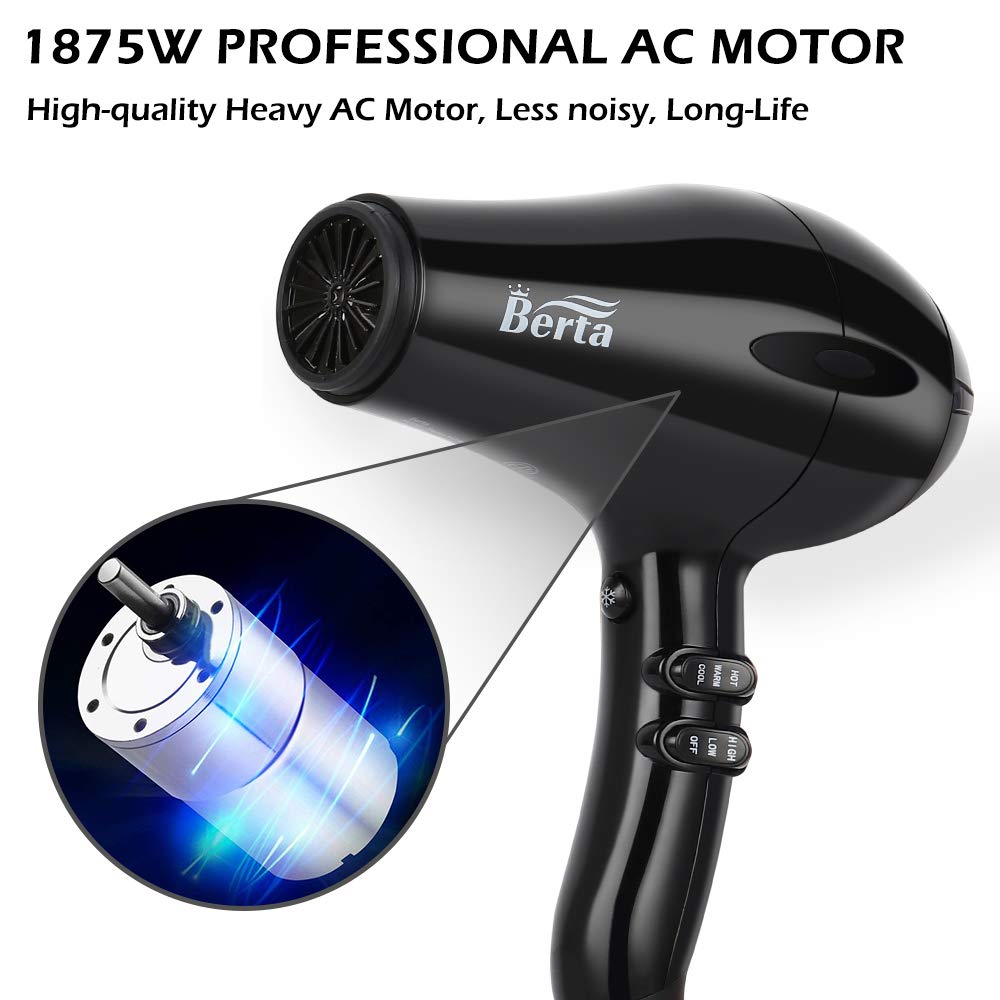 Blow Dryer with Comb,1875W Negative Ionic Hair Dryer with Diffuser for Curly Hair,AC Motor Low Noise Quiet Quick Blow Dryer with Concentrator-Black