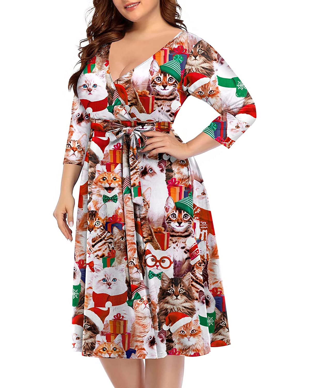 Christmas Dresses Women Plus Size Cat Print Meowy Cute Holiday Casual Long Sleeve Xmas Ugly Wrap Fall 2022 Midi Dress