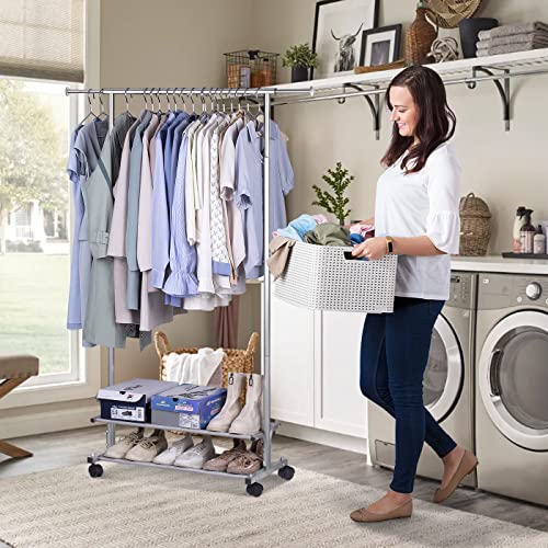 MISSLO 2 Shelves Clothing Racks for Hanging Clothes Hanger Rack Rolling Garment Rack Heavy Duty Metal Wardrobe Rack, Silver