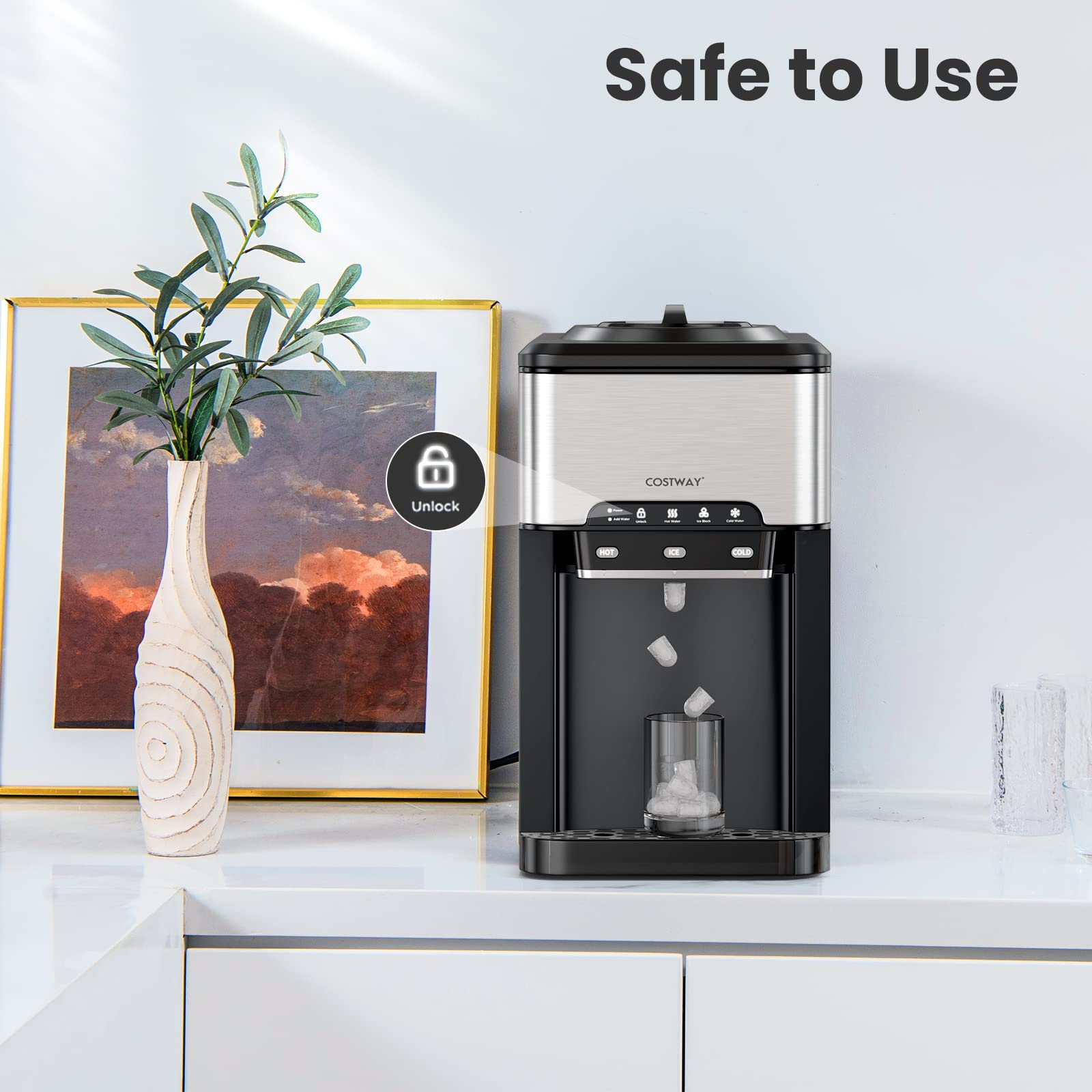 COSTWAY Water Dispenser with Ice Maker, Hold 3-5 Gallon Bottle, 3-in-1 Countertop Top-Loading Hot Cold Water Cooler Machine for Home Office, Safety Lock, 48Lbs/24H, 12 Cubes, 4Lbs Storage Basket