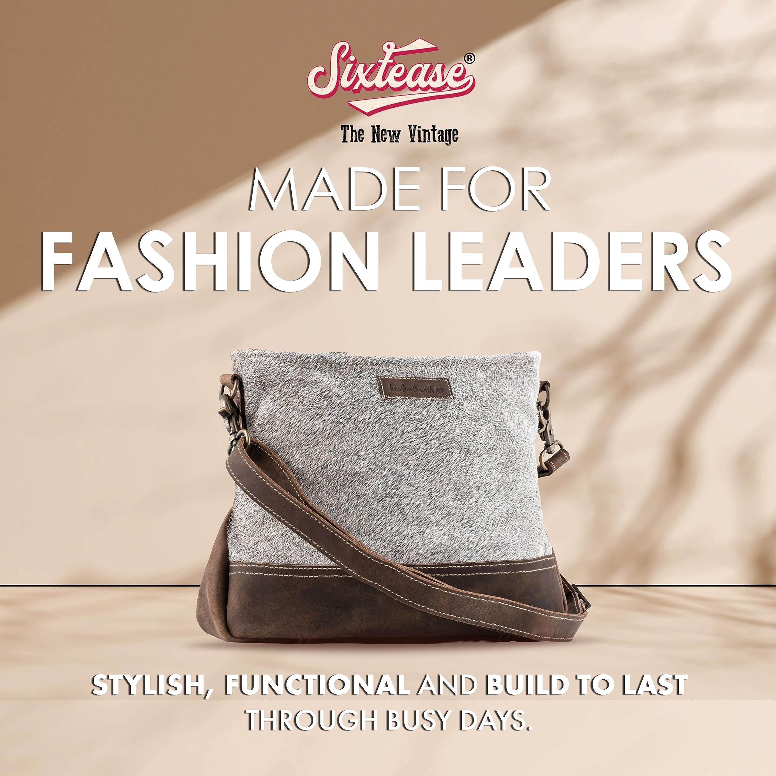 SIXTEASE Womens Shoulder Bag Vintage Style Shoulder Bags for Women - Made with Genuine Leather, Upcycled Canvas, or Hair On - Handmade, Adjustable Strap, Brass and Zinc Hardware - Raffle