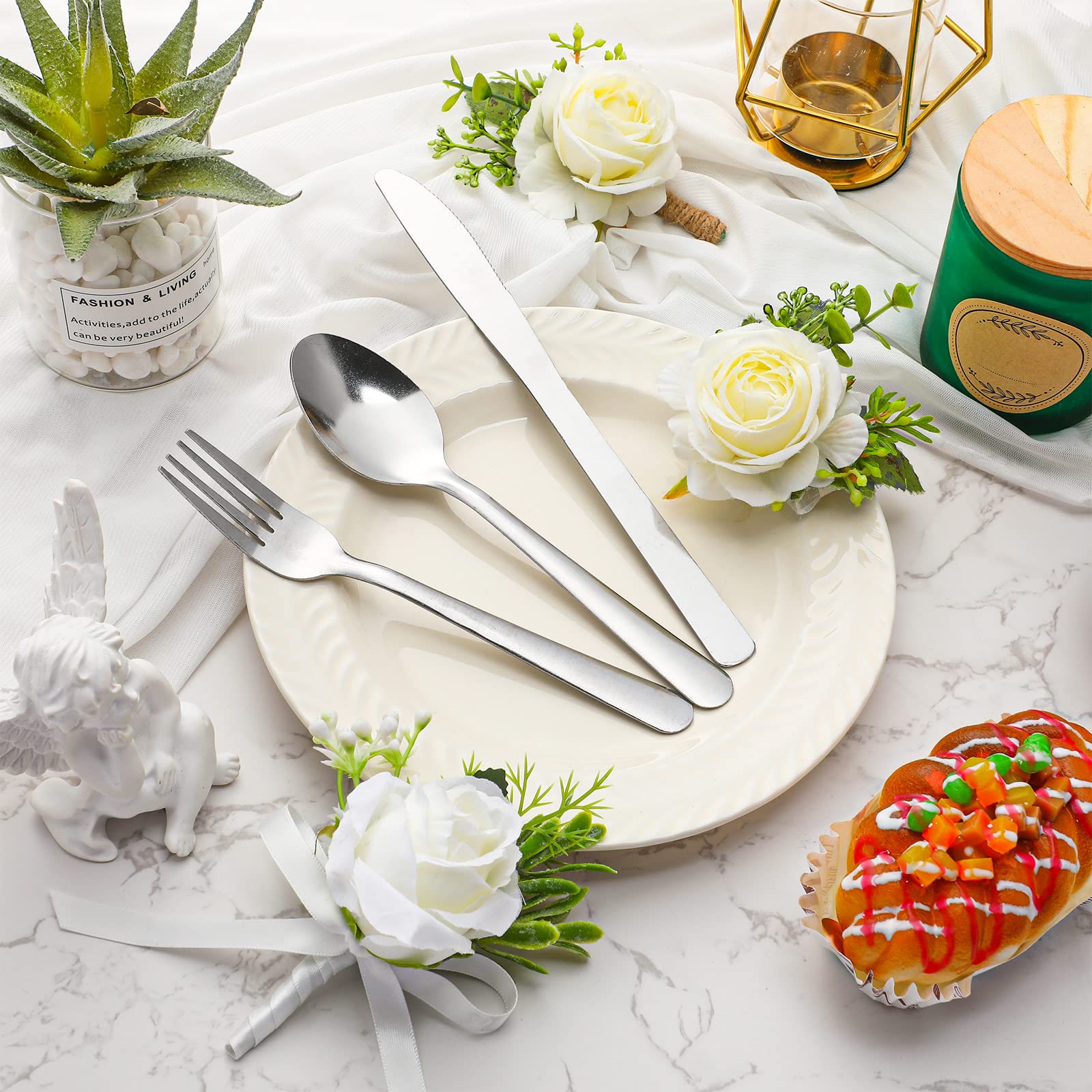 BBTO 100 Pcs Silverware Set for 33 Stainless Steel Flatware Set Mirror Polished Kitchen Utensils Cutlery Set with Square Edge Include 33 Knife 34 Fork 33 Spoon Tableware Set for Home, Dishwasher Safe