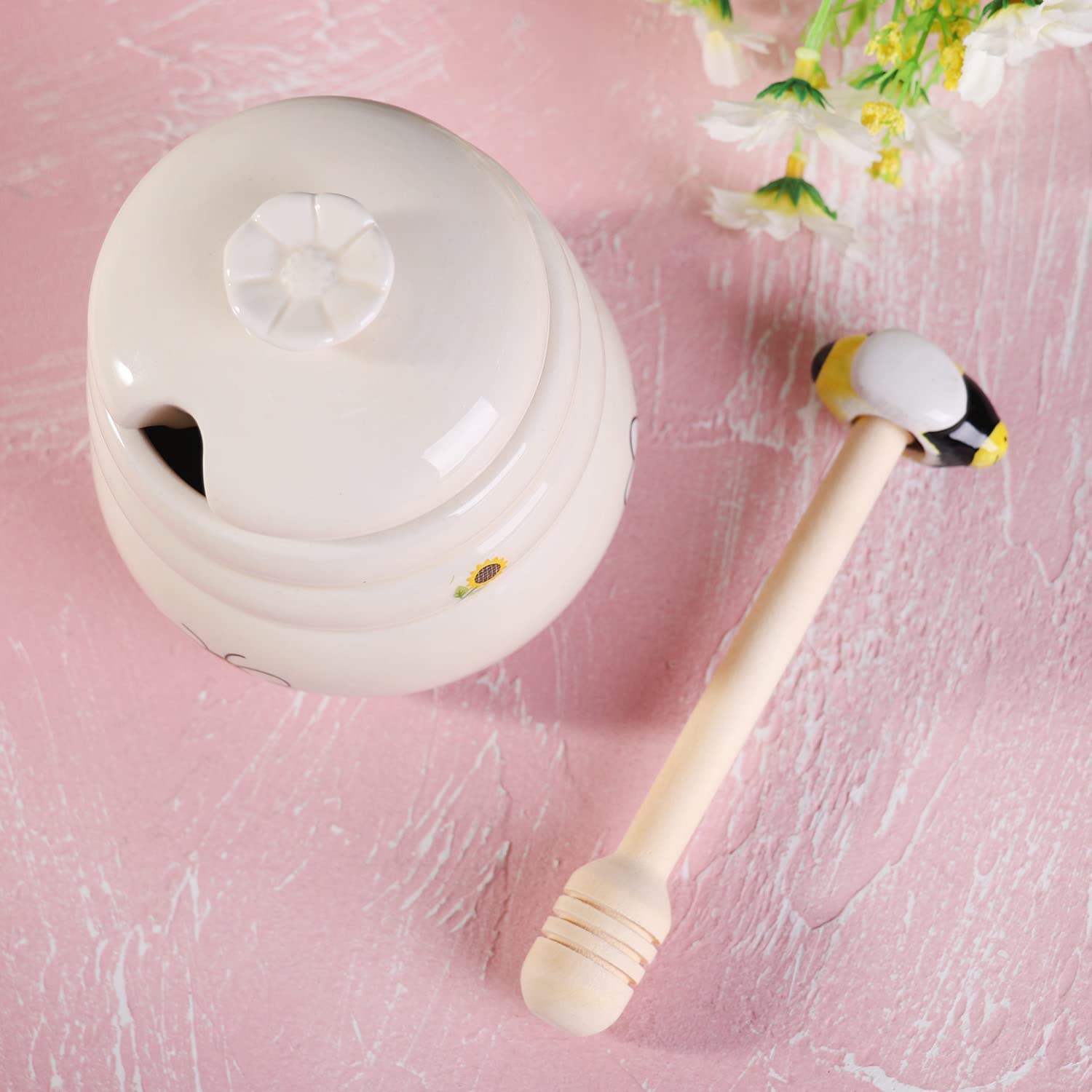 Ceramic Honey Jar with Wooden Honey Dipper-Honey Pot with Dipper- Honey Jar with Stand, Great Bee Decor- Farmhouse Kitchen Decor