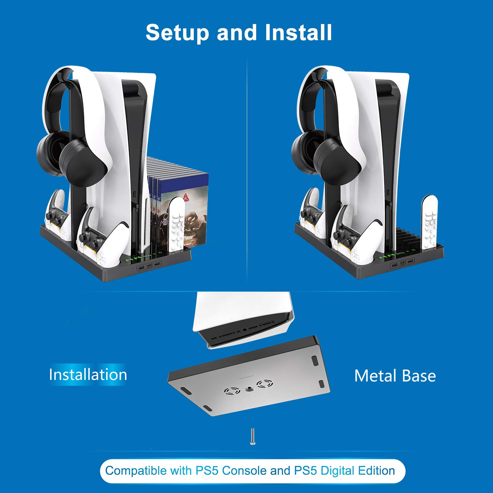 Vertical Stand with Headset Holder and Cooling Fan Base for PS5 Slim Console & Playstation 5 Accessories, Controller Charging Station Charger Dock for Disc Digital Edition, Game Slot Remote Organizer