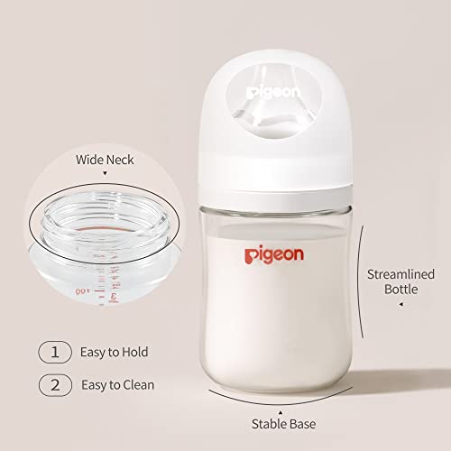 Pigeon Glass Baby Bottle(5.4 Oz, Pack of 2) with 4 Latch-On Line Silicone Nipples, Newborn Feeding Set(0~3M)