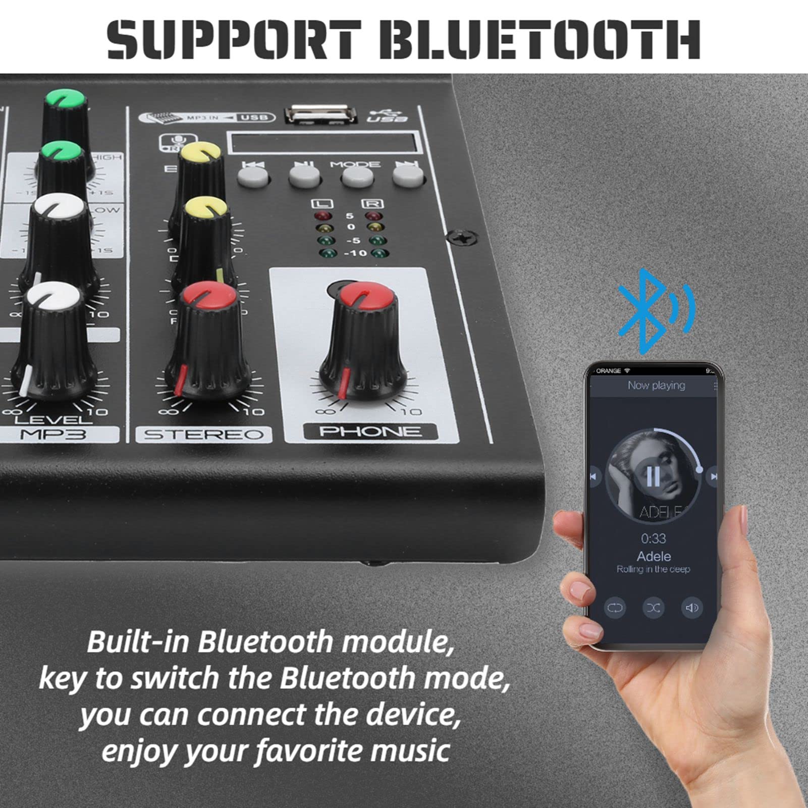 Portable Audio Mixer, Portable 4 Channel BT Mixing Console Digital Audio Mixer Builtin Effect for Home Karaoke, Webcast, Music Recording(US plug)