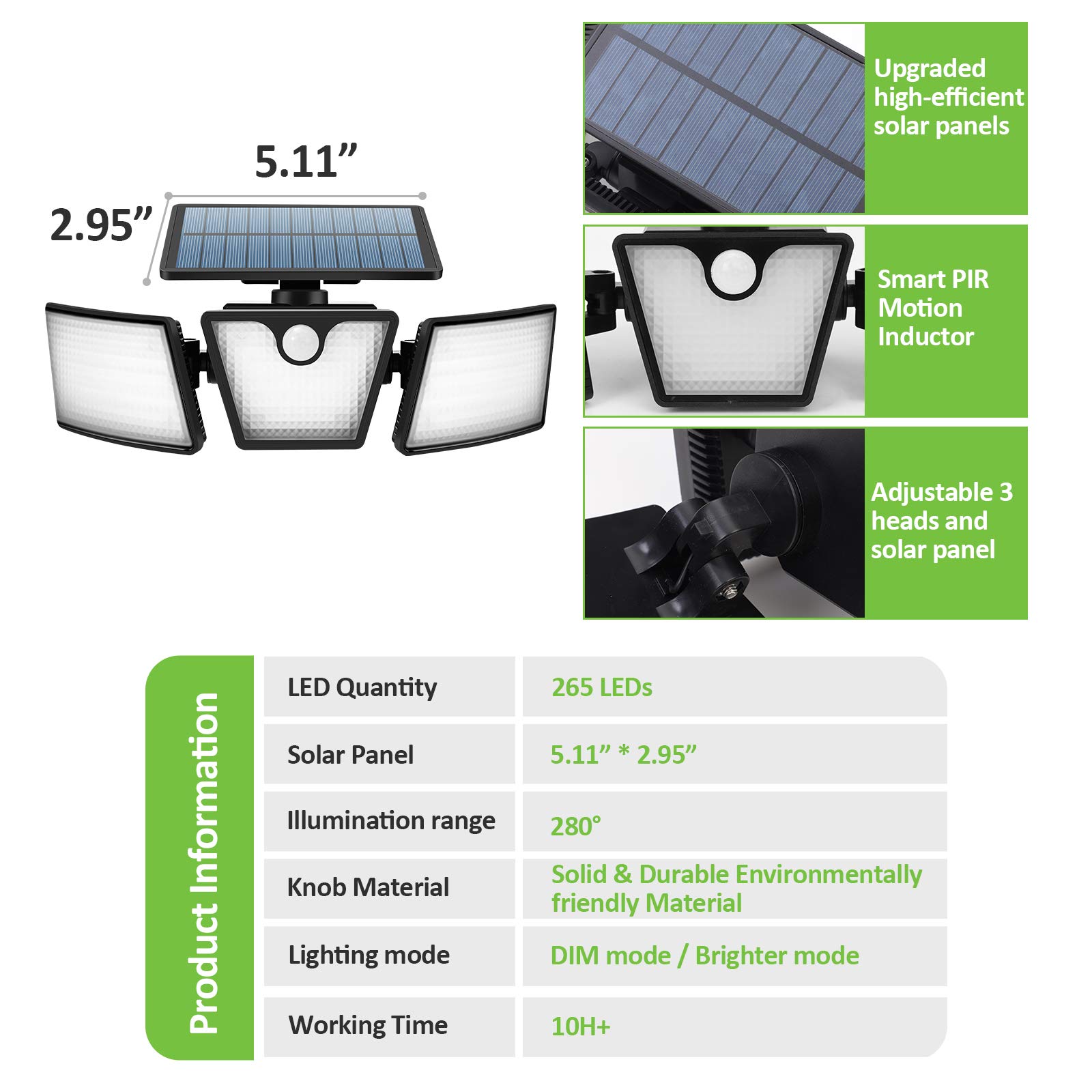 VICSOU 265 LEDs Solar Lights Outdoor, Upgraded Motion Sensor Security Light, 3 Adjustable Heads Spotlight 270° Wide Angle Super Bright Waterproof Flood Light for Garden Garage Patio Yard (2 Pack)
