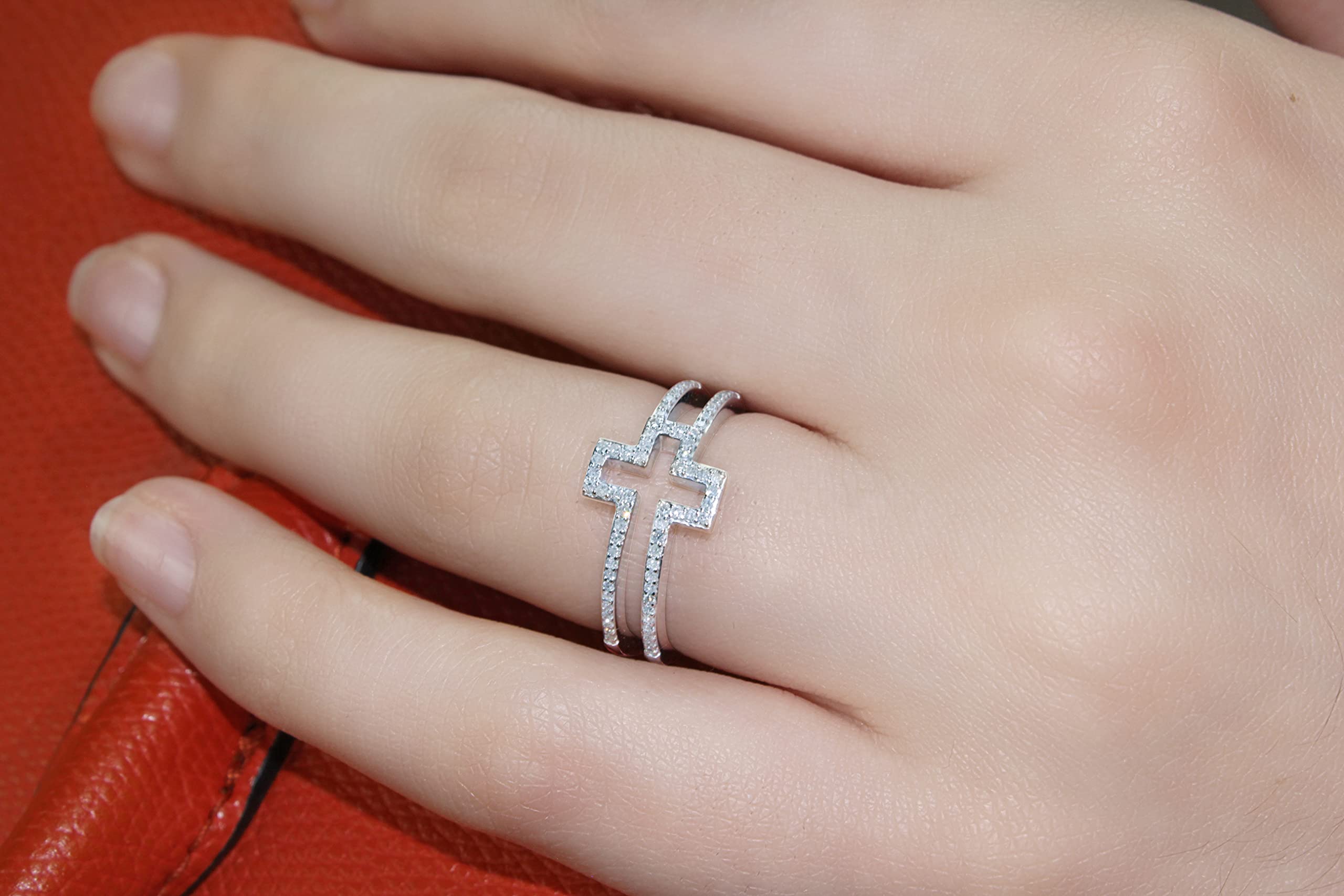 Belantina 1/5 Carat Diamond Sideways Cross Ring for Women in 14k White Gold (H-I, I1-I2, cttw) Size 9