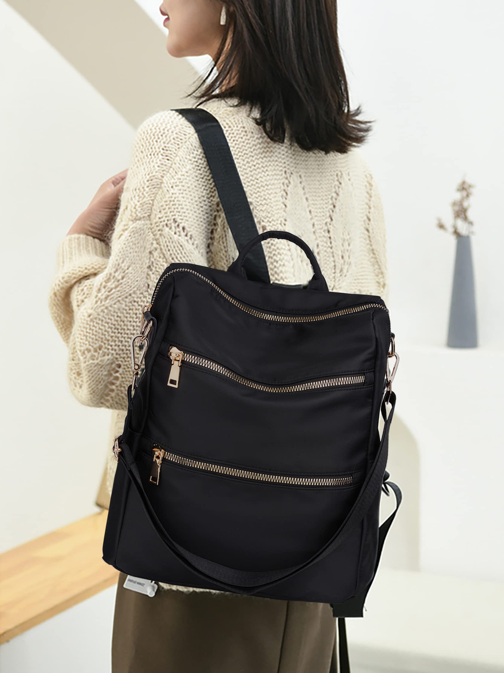 UTO Camo Waterproof Backpack for Women Durable Nylon Multipurpose Roomy Multi pockets Travel Business Shoulder Bag Black
