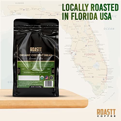 Coconut Coffee | Toasted Coconut Ground Coffee | Gourmet Medium Roast Organically Flavored Coffee Ground | Caffeinated Organic Toasted Coconut Coffee - 12 Ounce Roasted Flavored Coffee Grounds by Roastt Organic