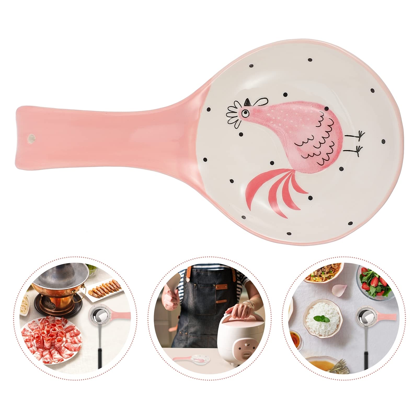 Ceramic Spoon Rest with Chicken Pattern Decorative Kitchen Spoon Holder Cooking Utensils Rest Stand Spatula Holder for Kitchen Stoves Countertops Pink