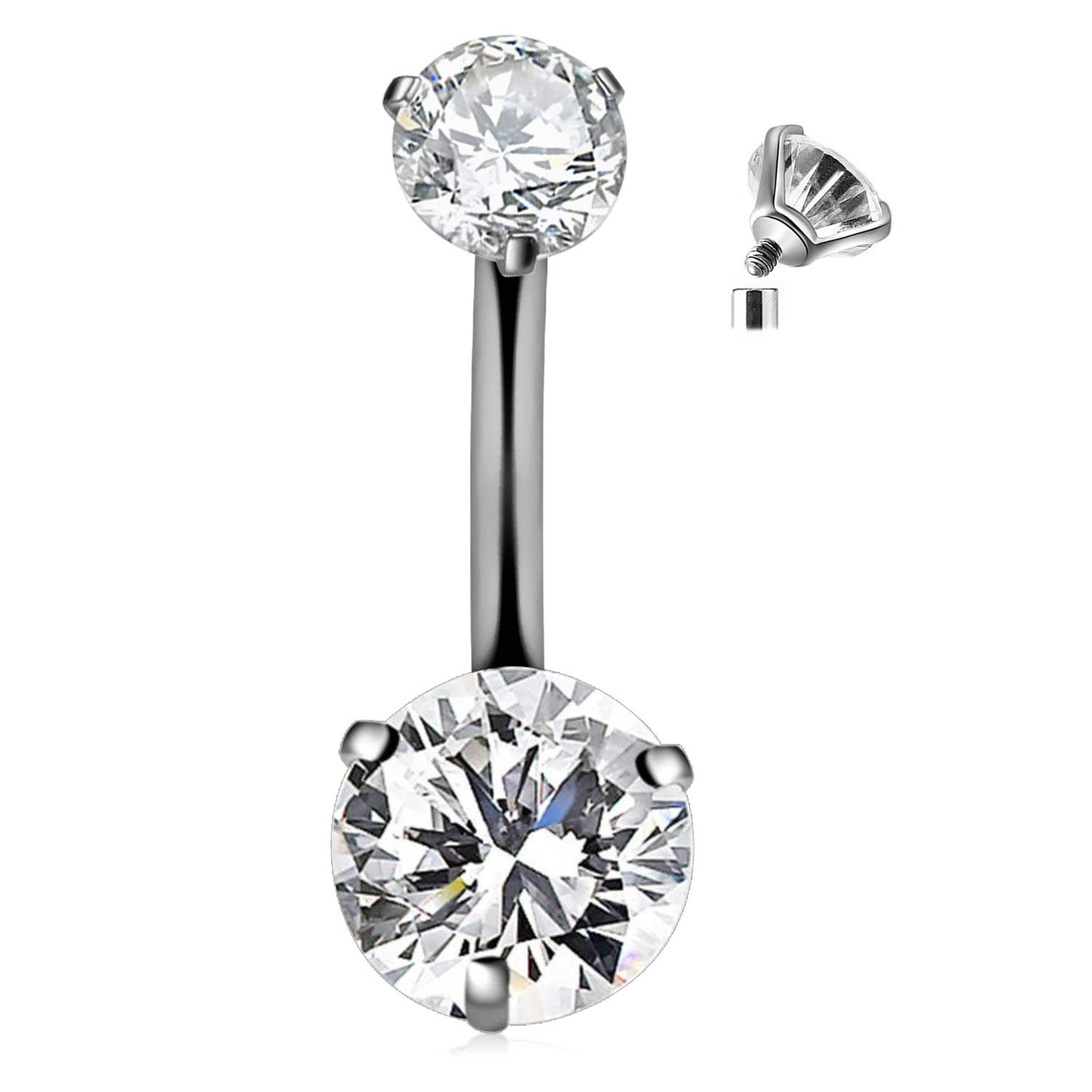 CIZME G23 Solid Titanium Belly Button Rings 14G Internally Threaded CZ Belly Navel Rings 10mm Bars Piercing