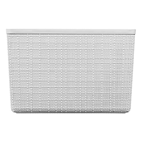 Curver Set of 4 Jute Large Decorative Plastic Organization and Storage Baskets Perfect Bins for Home Office, Closet Shelves, Kitchen Pantry and All Bedroom Essentials, White, 4
