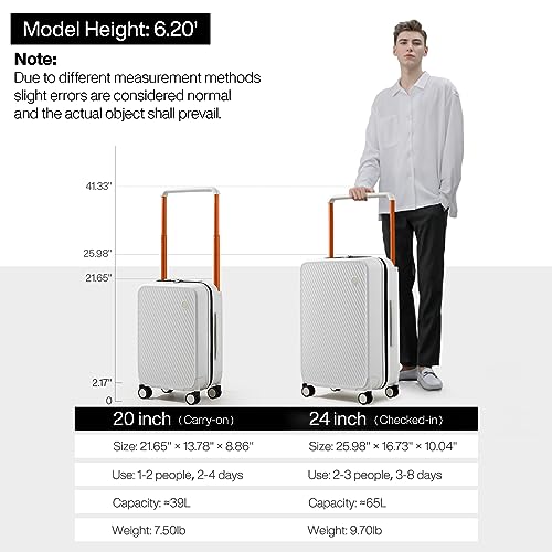 Mixi Carry On Luggage Airline Approved 20'' Lightweight Luggage Wide Handle PC Hardshell Suitcases with Spinner Wheels & TSA Lock, Smoke White