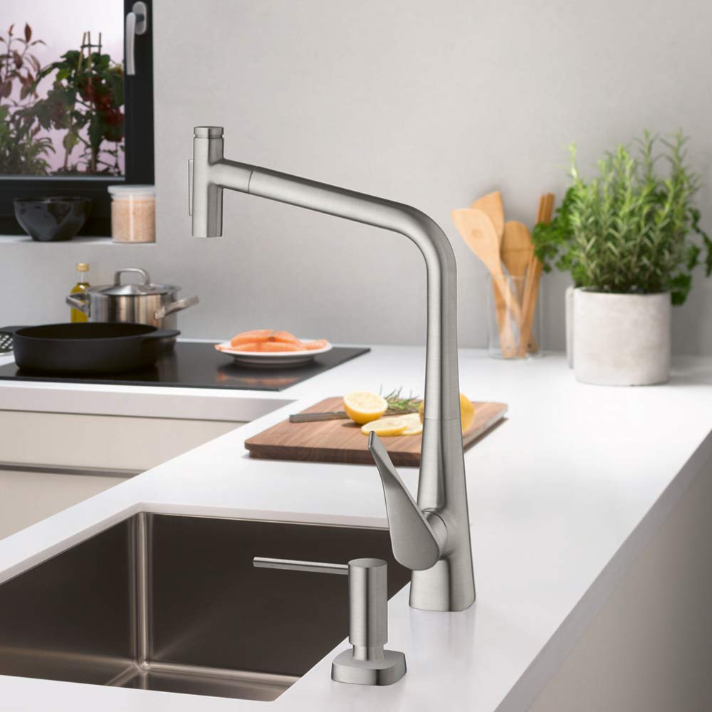 hansgrohe Metris Select Stainless Steel Single-Handle Kitchen Faucet, Kitchen Faucets with Pull Out Sprayer, Faucet for Kitchen Sink, Stainless Steel Optic 73820801