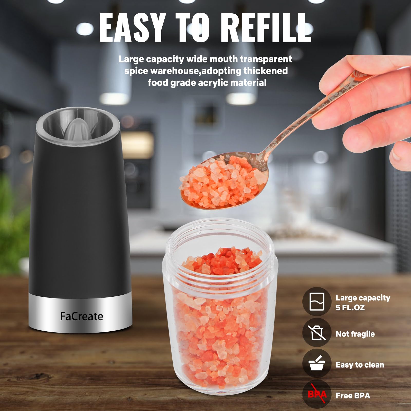 FaCreate Gravity Electric Salt and Pepper Grinder Set,Automatic Operation Electric Salt and Pepper Shakers Set,Battery Powered Adjustable Coarseness Pepper Mill Grinder LED Light, Black (2PACK)